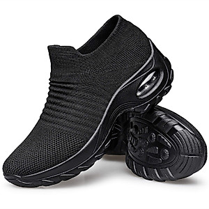 YHOON Women's Walking Shoes - Sock Sneakers Slip on Mesh Platform Air Cushion Athletic Shoes Work Nurse Comfortable Black 7