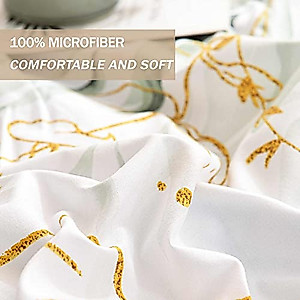 Nanko Queen Size Comforter Set, Green Gold Floral Leaf Flower Print Pattern Down Alternative Comforter Microfiber Modern Bedding,All Season Duvet Bed Set in a Bag for Women Men, 3 Pcs,88 x 90 inch