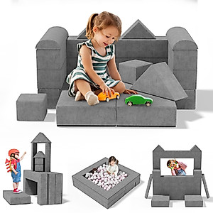 Xilingol Modular Kids Play Couch, Toddler Couch Kids Sofa with Ottomans, Convertible Foam Couch Play Set for Creative Boys & Girls, Kids Couch Building Fort for Playroom & Nursery （Grey）