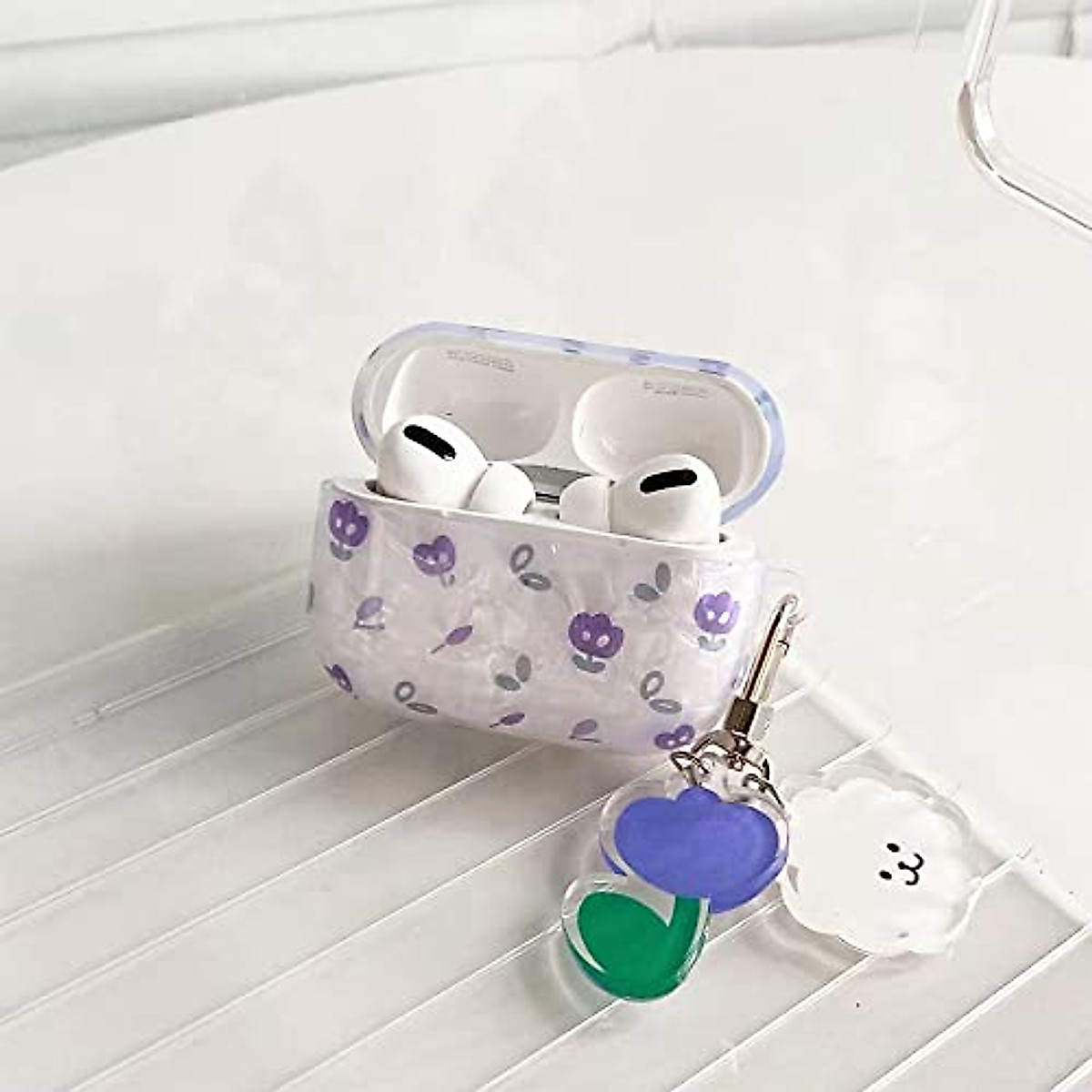 Minscose Airpod Pro Clear Case with Keychain , Cute Fashion Purple Small Flower Soft TPU Smooth Shockproof Compatible with Airpods Pro Charging Case for Girls Kids Women