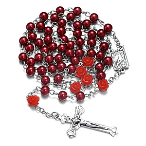 Pearl Rose Beads Rosary Catholic Necklace Holy Soil Medal Cross Crucifix-6 Packs