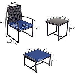kinbor 5 Pieces Wicker Patio Furniture Set - PE Rattan Outdoor Patio Chairs with Ottomans Conversation Sets with Glass Coffee Table and Cushions for Poolside, Garden, Balcony, Porch (Dark Blue)