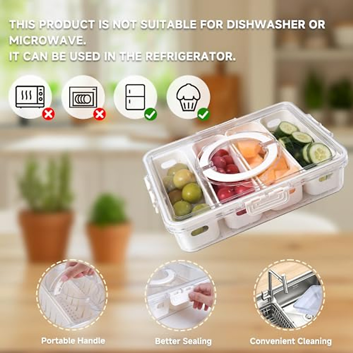 Shulgf Divided Snack Tray with Lid - 4-Compartment Travel Snack Container, Ideal for Beach, Picnics, Veggie Tray, and Snack Organizer for Fruits and Nuts