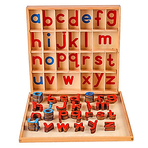 Kghios Montessori Wood Small Movable Alphabet with Box and Large Mat Preschool Spelling Learning Language Materials Toys (Red & Blue)