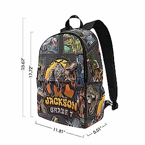 InterestPrint Customized Boys Bookbag with Lunch Bag, Personalized Grey Framed Dino Knapsack Backpack Custom Backpack and Lunch Box for Son Grandson Nephew Birthday