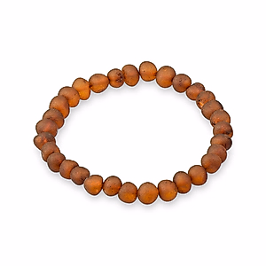 Genuine Amber Unpolished Baroque Bracelet - Natural Amber Jewelry - Baltic Sea Amber Beads Hand-Assembled in Europe - 7.8 Inches - Dark Cognac Raw