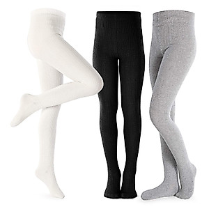 Petrass Girls Tights Toddler Cable Knit Cotton Footed Seamless Dance Ballet Baby Girls' Leggings 3 Pack Black/Ivory/Grey 9-10Y