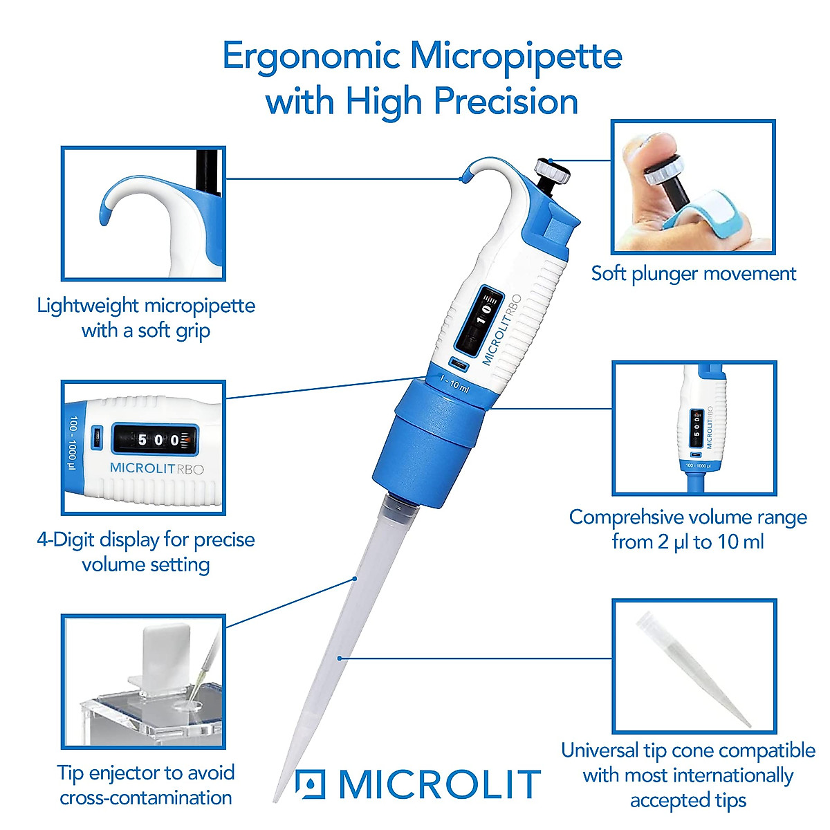 Microlit Micropipette - Single Channel Pipette Compatible with Microlit 10ml Pipette Tips, Adjustable Volume Lab Pipette, Accurate and Calibrated Pipette (1-10ml)