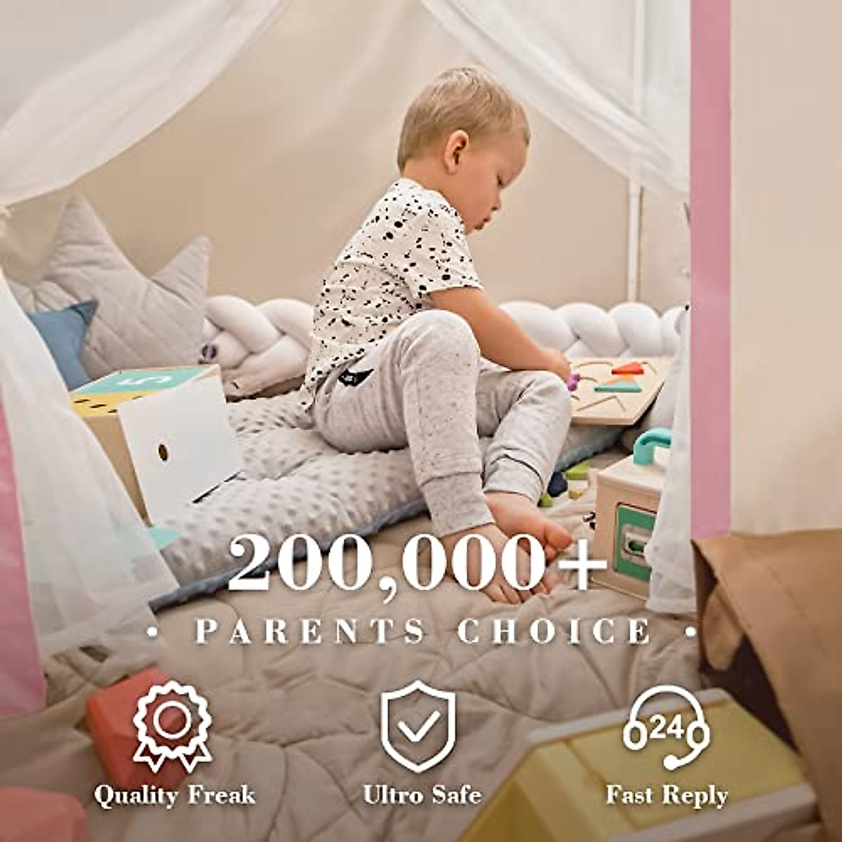 Large Kids Play Tent with Windows, Tassels, Star Light & Padded Mat Kids Tent Playhouse for Kids Indoor & Outdoor Bed Tent for Toddler Toys for Boys Girls Neutral Play Room Furniture, Pink