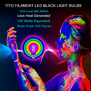 TITO 4 Pack E26 A19 Filament LED Black Light Bulbs, UVA 395nm 6W Blacklight Bulb 100W Equivalent, Black Light Bulb Glow in Dark Halloween Christmas Party Fluorescent Tapestry Poster Decor Body Paint