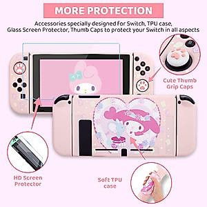 GLDRAM Pink Carrying Case for Nintendo Switch, Cute Anime Accessories Bundle for Cute Girl with Switch Travel Storage, Soft TPU Cover Shell, Screen Protector, Thumb Caps, Shoulder Strap for Girls
