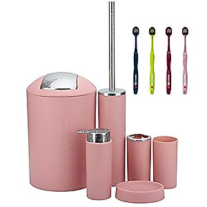 Otostar 6 Piece Bathroom Accessories Set Plastic Bath Accessories Lotion Bottles,Toothbrush Holder, Soap Dish,Toilet Brush with Holder,Trash Can,Tooth Mug Decorative Housewarming Gift (Pink)