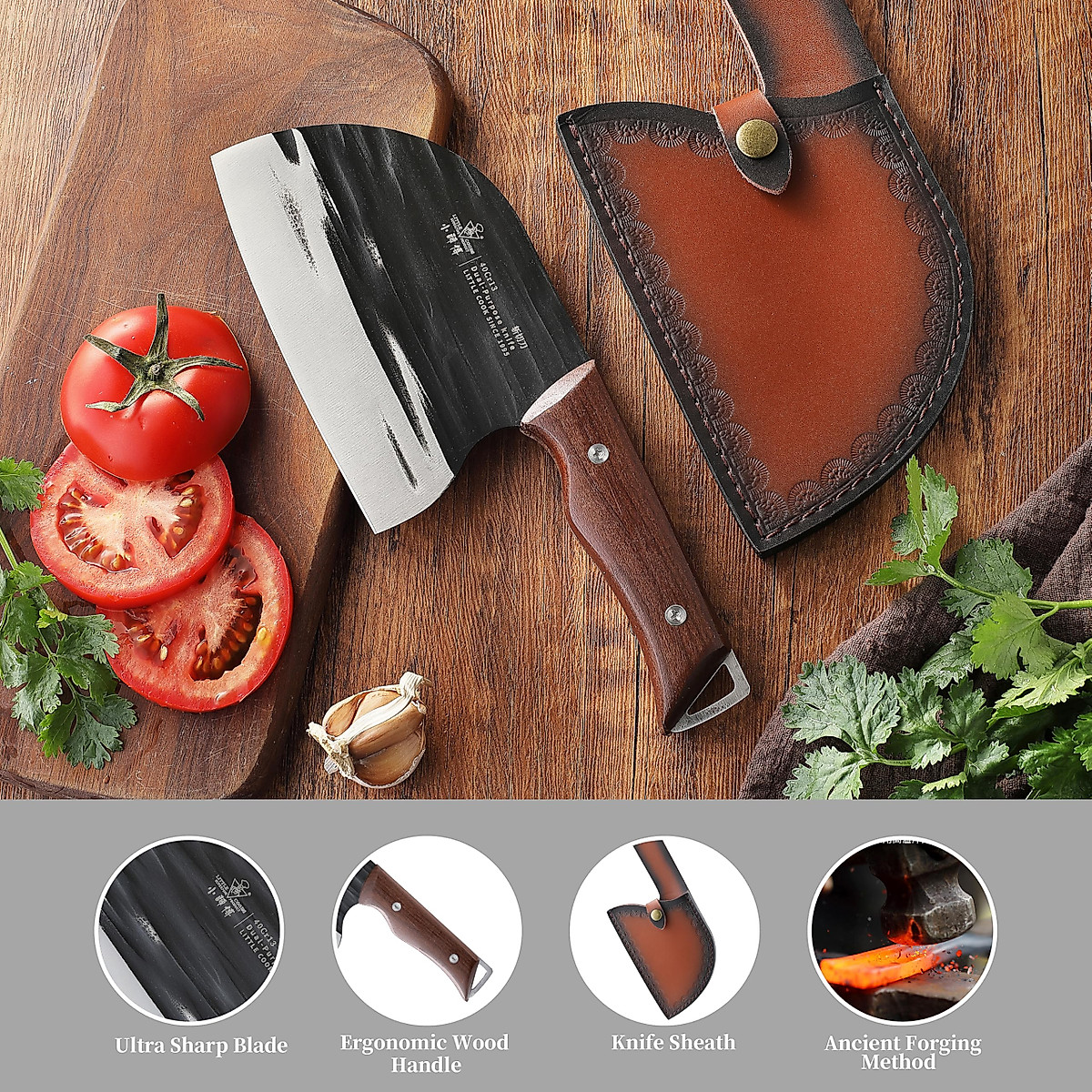 Serbain Chef Knife, Little Cook 6.1 inch Ancient Forged Meat Cleaver Knife, Premium Stainless Steel Butcher Knife with Ergonomic Wood Handle, Leather Sheath & Gift Box Included