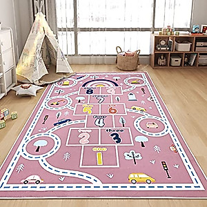 Abeigoi Hopscotch Car Rug 4x6Ft Kids Play Rug Mat Pink Bedroom Playroom Carpet for Girls Boys Nonslip Classroom Rug Children Numbers Educational Throw Area Rugs for Girls Room Decor