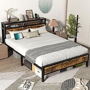 Pliwier Full Bed Frame with Charging Station Headboard, Platform Bed with 2-Tier Storage Shelf, Strong Support Legs, Noise-Free, No Box Spring Needed, Easy Assembly