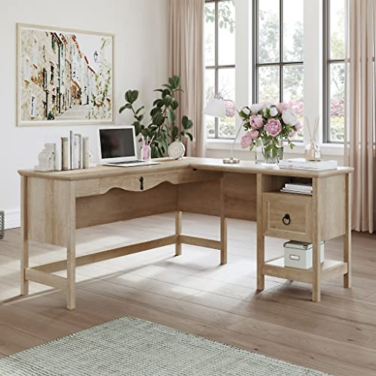 Sauder Adaline Cafe L-Desk, L: 59.65" x W: 59.65" x H: 29.92", Orchard Oak Finish