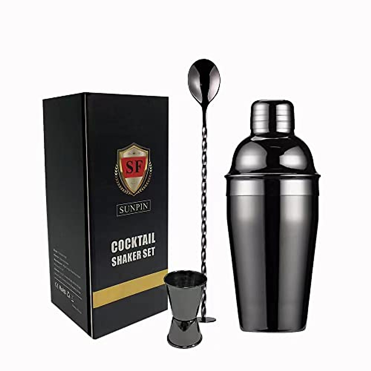 Leak-Proof 3 Pieces Cocktail Shaker -Premium Bartender Kit for Home Bartending Beginners and Pros - 24 oz Cocktail Shaker with Jigger and Spoon - Drink Shaker for Home Black