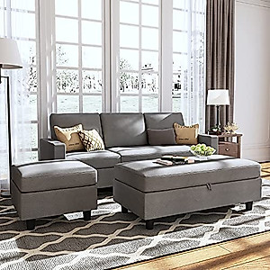 HONBAY Grey Sectional Couch with Ottoman, Convertible L Shaped Sectional Sofa Set Sectionals with Left or Right Facing Chaise for Living Room