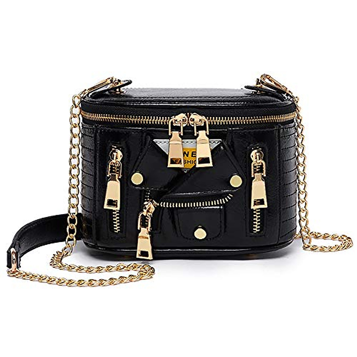 QZUnique Motorcycle Jacket Shoulderbag PU Leather Handbag Punk Style Crossbody Bag Rivet Purse Lapel Collar Bag with Chain Black