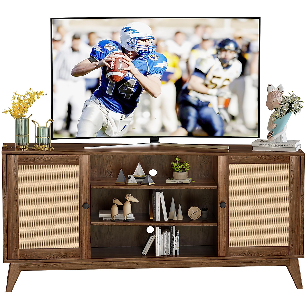 AWQM Rattan TV Stand for 65 Inch TV, TV Console Table with 2 Rattan Doors, Modern Entertainment Center with Storage Cabinet and Open Shelves, for Living Room, Bedroom, Walnut