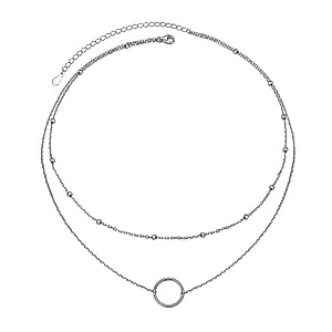 FLYOW Circle Choker Necklace S925 Sterling Silver Layered Dainty Simple Choker Necklace Circle Pendant for Women Birthday Gift
