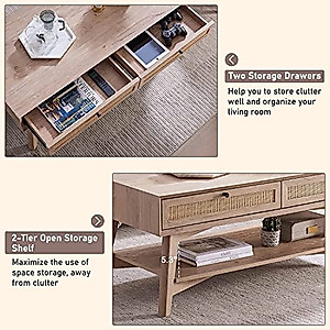 OKD Coffee Table, Mid Century Modern Storage Center Table for Living Room with Natural Rattan Double Sliding Drawers 2-Tier Open Shelf, Easy Assembly, Oak