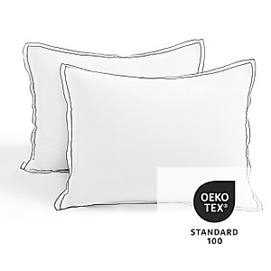 Lush Decor Hampton Double Flange Embroidered Contrast Edge Cotton Duvet Cover Set, 3 Piece Set, Full/Queen, White & Black - Hotel Bedding Set - Black Trim - White Duvet Cover - Minimalist Decor