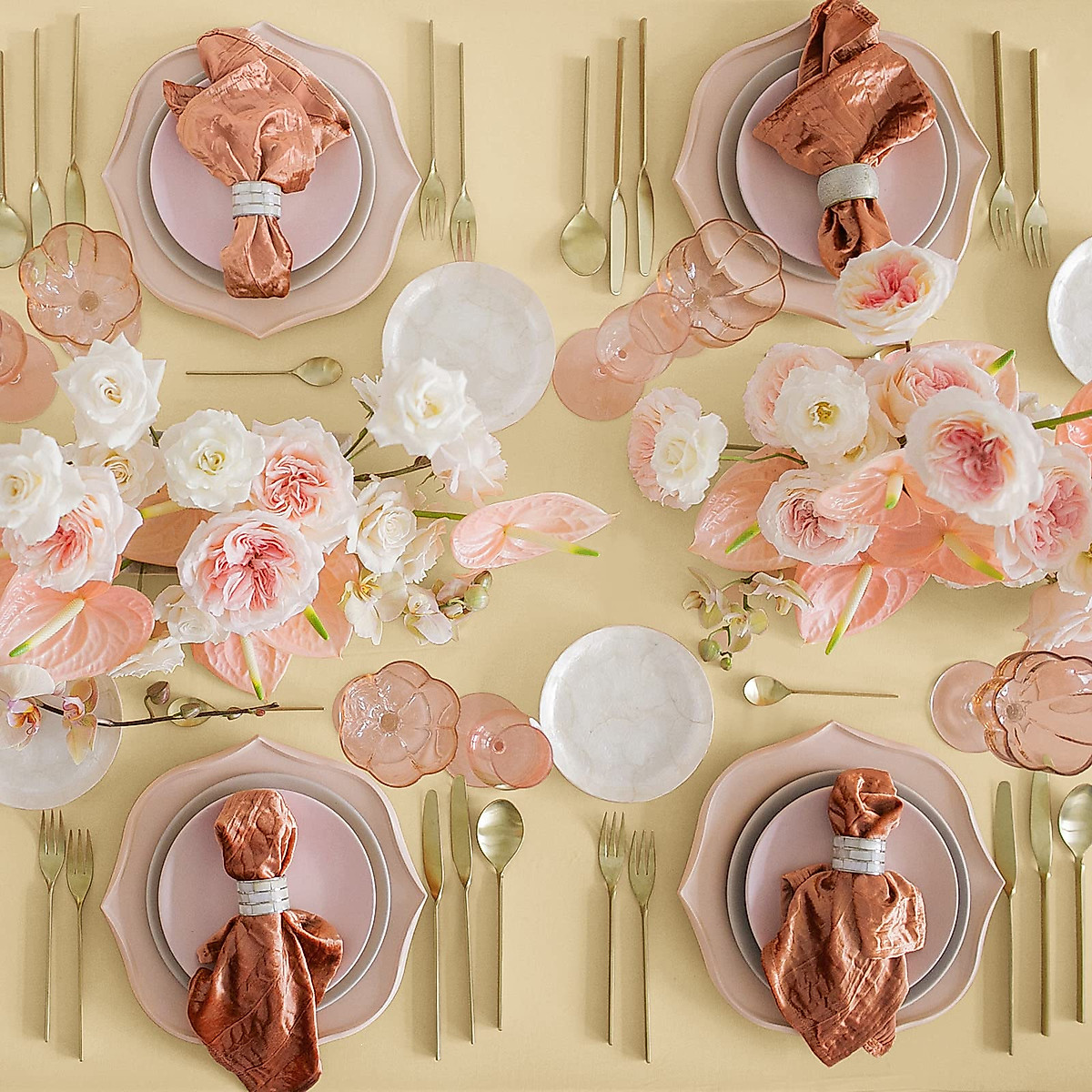 MCEAST 4 Pieces Champagne Satin Tablecloth 102 x 58 Inch Champagne Satin Table Overlay Cover Rectangular Bright Silk Tablecloth for Party, Wedding, Banquet Table Decoration