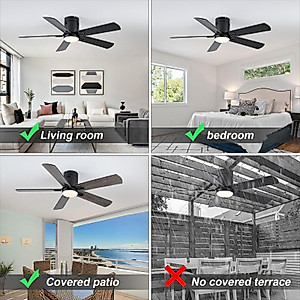 Flush Mount Ceiling Fan with Lights, 52’’ Black Ceiling Fan with Light, 3 Color Temperatures, 6 Fan Speeds, Timer Remote, Silent Reversible DC Motor, for Patio, Farmhouse, Bedroom
