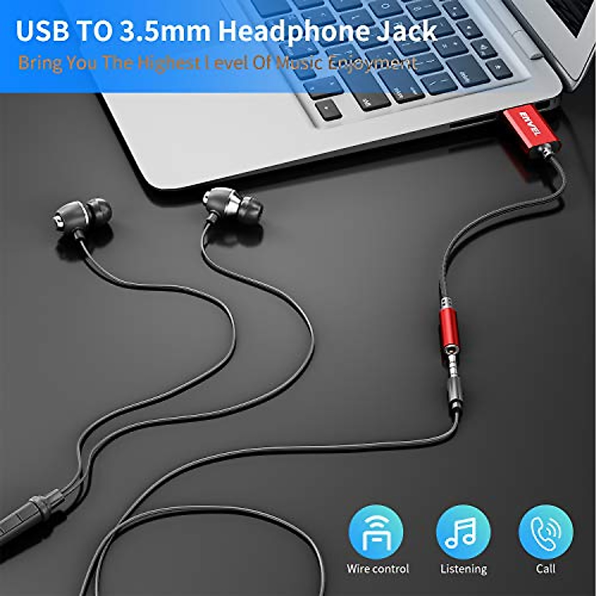 ENVEL USB to 3.5mm Audio Jack Adapter(20cm), Built-in Chip External Sound Card,Mic-Supported Audio Adapter with 3.5mm Aux Stereo Converter Compatible with Headset PC Laptop Desktops PS4 PS5 (Red)