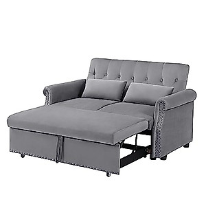 Runboll 55" Loveseat Pull Out Sleeper Sofa Bed Shiny Velvet Adjustable Backrest 2 Seater Couch Bed with 2 Caster Wheels, Lumbar Pillows, Removable Armrest (Grey)