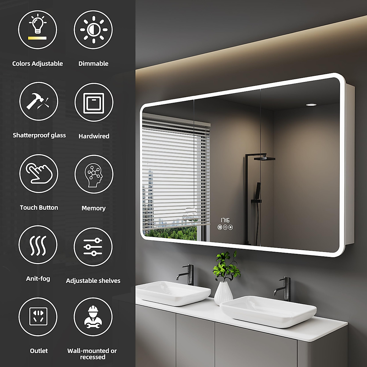 HBEZON Medicine Cabinet with LED Lights and Mirror, 60 x 36 Inch Surface and Recessed Mounted Bathroom Cabinet with Door, Adjustable Shelf, Defogger, Memory Function, 3-Color Mode, Outlet&USB, Dimmer