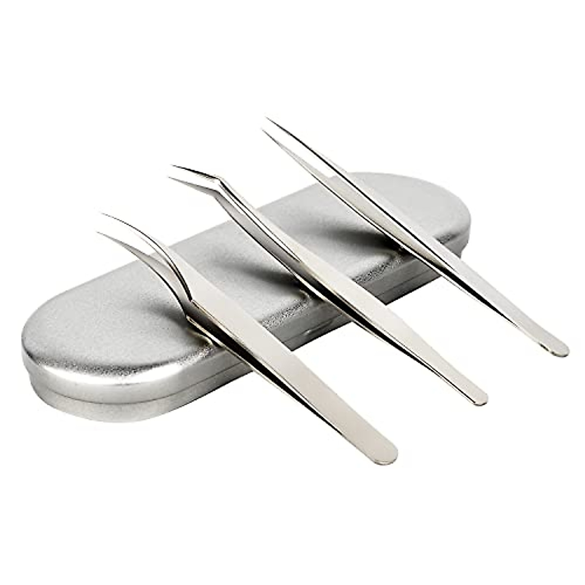 ACTROL Eyelash Extension Tweezers Set 3 PCS for Volume lashes Stainless Steel professional Precision Tweezers Straight and Curved Tip Tweezers (3pcs-1, Silver)