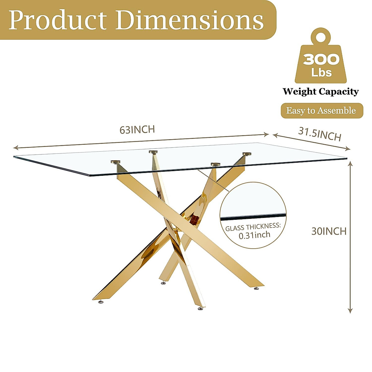 HAIZAO 63" Glass Dining Table for 4-6, Contemporary Rectangular Dining Room Table with Tempered Glass Top & Gold Finish Stainless Steel Legs, Modern Large Kitchen Table for Home Office
