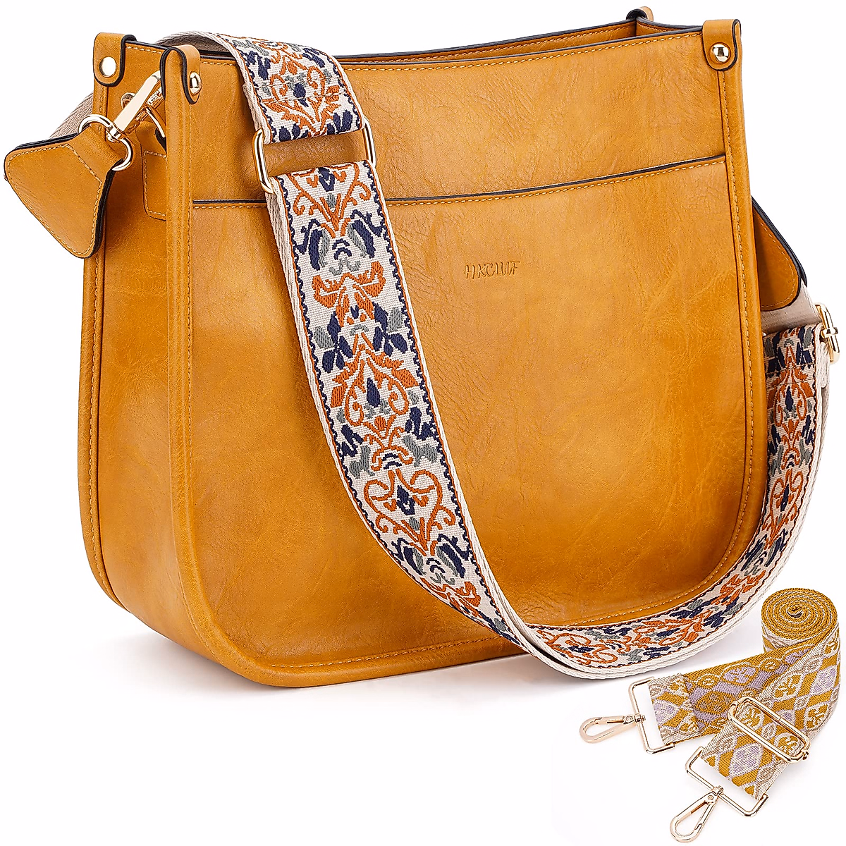 HKCLUF Crossbody Bags for Women Trendy,Vegan Leather Hobo Handbags With 2PCS Adjustable Guitar Strap Shoulder Bucket Bags Purse For Women(deepyellow)