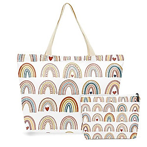 Tote Bag Makeup Bag Boho Rainbow Decor Rainbow Party Decorations Rainbow Party Favors Supplies Rainbow Gifts for Women Girls Bohemian Decor Waterproof Tote Bag with Zipper Cosmetic Bag Set of 2