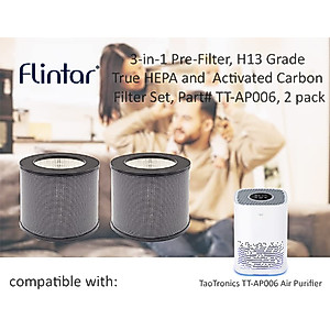 Flintar 2-Pack AP006 H13 True HEPA Replacement Filter, Compatible with TaoTronics TT-AP006 Air Purifier, 3-in-1 Pre-Filter, H13 Grade True HEPA and Activated Carbon Filter Set