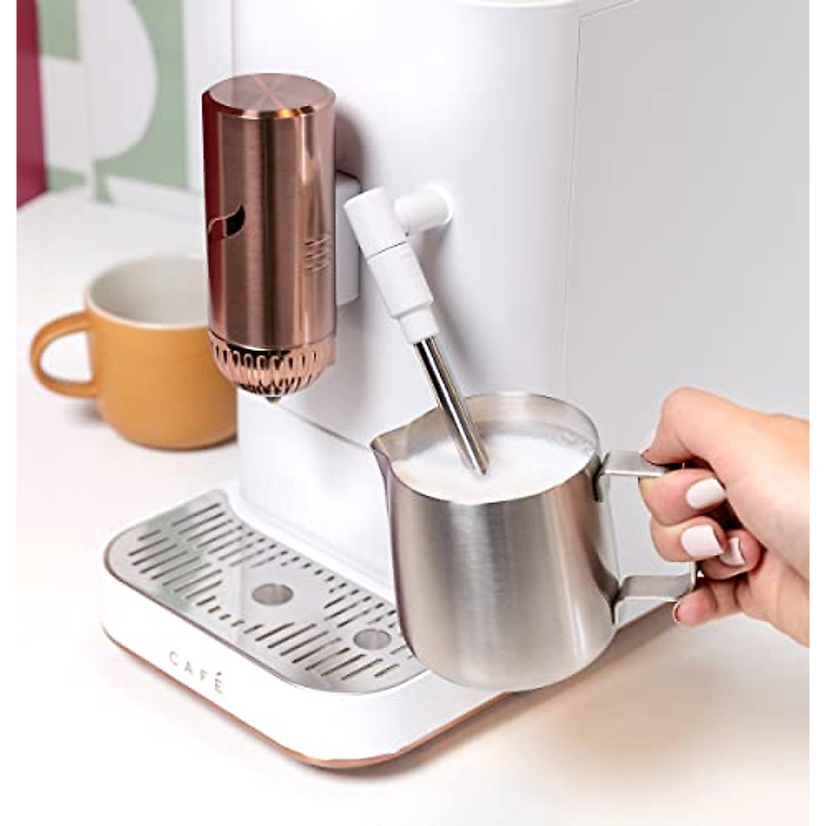 Café Affetto Automatic Espresso Machine + Milk Frother | Built-In & Adjustable Espresso Bean Grinder | One-Touch Brew in 90 Seconds | Matte White, 1.2 Liter, (C7CEBBS4RW3)