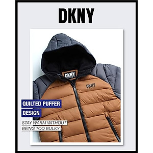 DKNY Boys' Winter Jacket - Midweight Polar Fleece Lined Quilted Insulated Parka Puffer Down Coat with Beanie Hat (Sizes:8-20), Size 10-12, Timber Tan/Charcoal