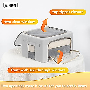 FAikhom 3 Pack Stackable Storage Bins- Foldable Metal Frame Storage Box Oxford Fabric Stackable Clothes Container Organizer with clear Window & Carry Handles (22L, Grey)