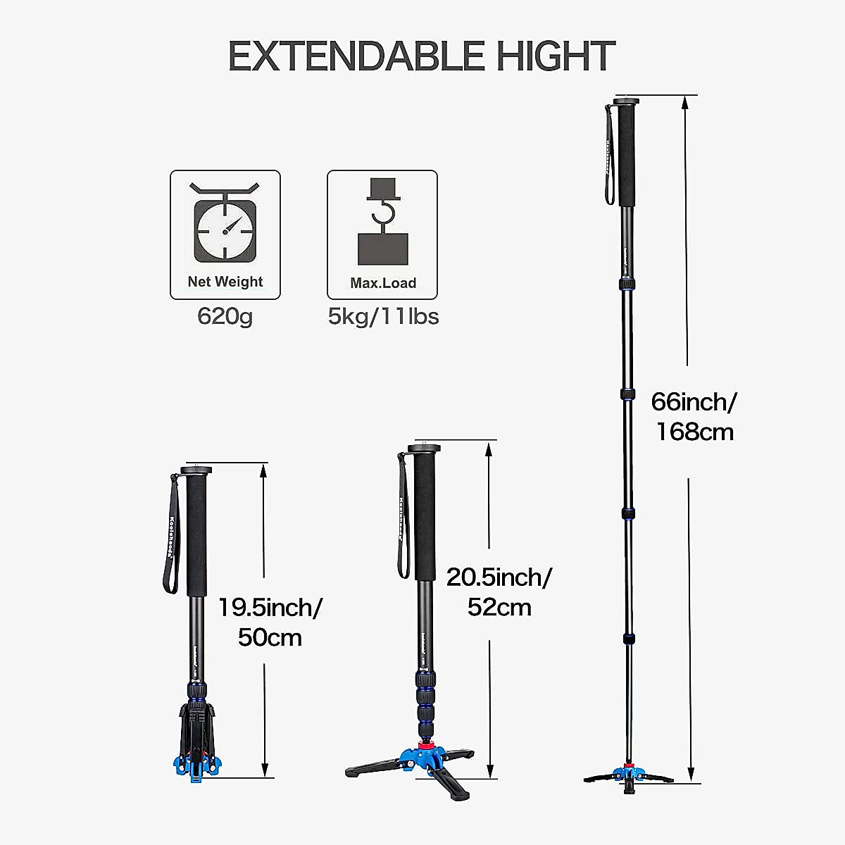 Koolehaoda Professional 65-inch Camera Aluminium Monopod with Folding Three Feet Support Stand