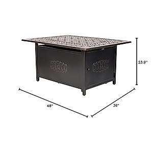 Fire Sense 62743 Dynasty Art Deco Aluminum Convertible Gas Fire Pit Table 55000 BTU Multi-Functional Outdoor Firepit with Fire Bowl Lid, Nylon Cover & Clear Fire Glass Bronze Finish - Rectangular 48"