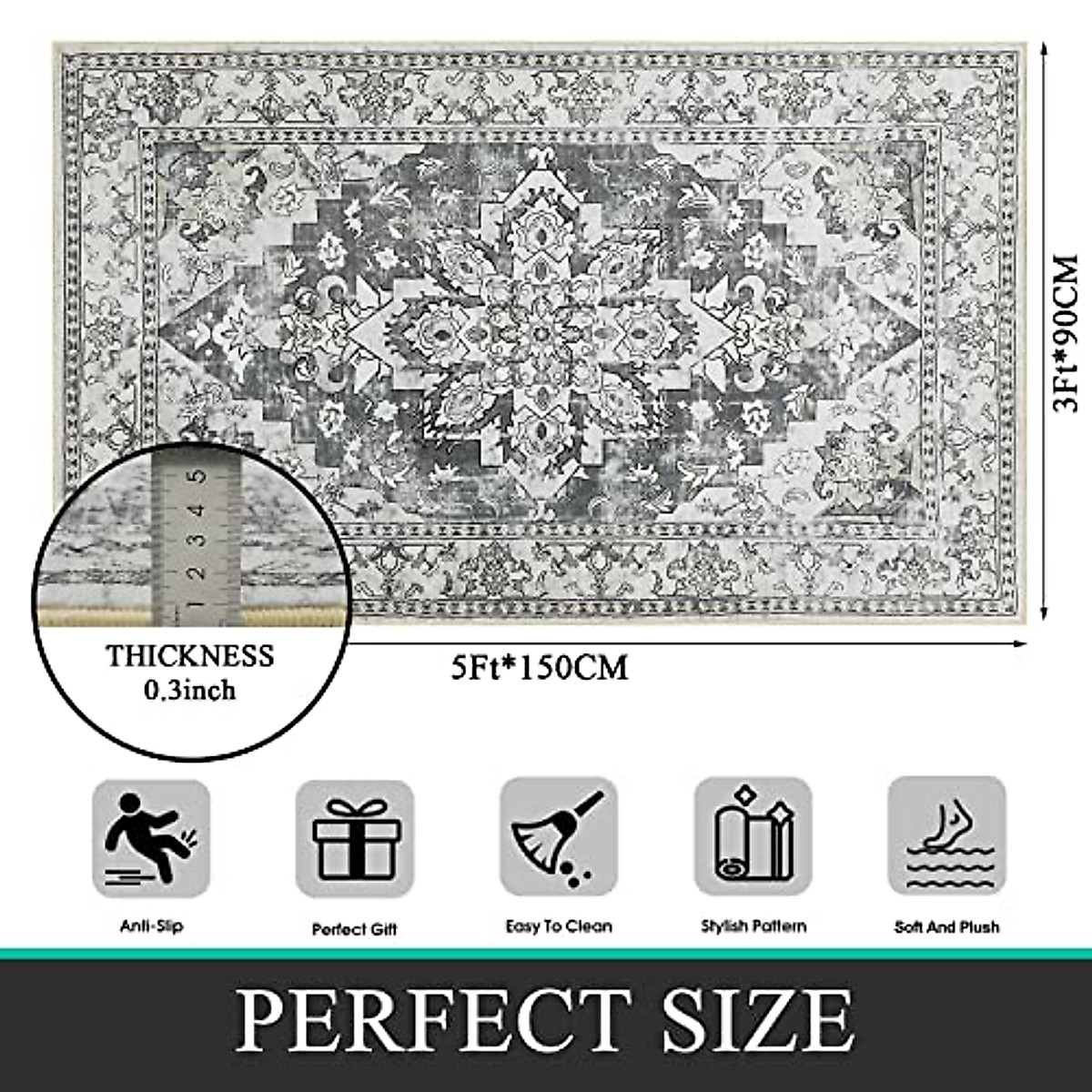 Bsmathom Persian Area Rug 3x5, Non-Slip Throw Small Entryway Rug Kitchen Mat, Low-Pile Non-Shedding Oriental Area Rug for Living Room Bedroom Office (Grey, 3x5Ft)