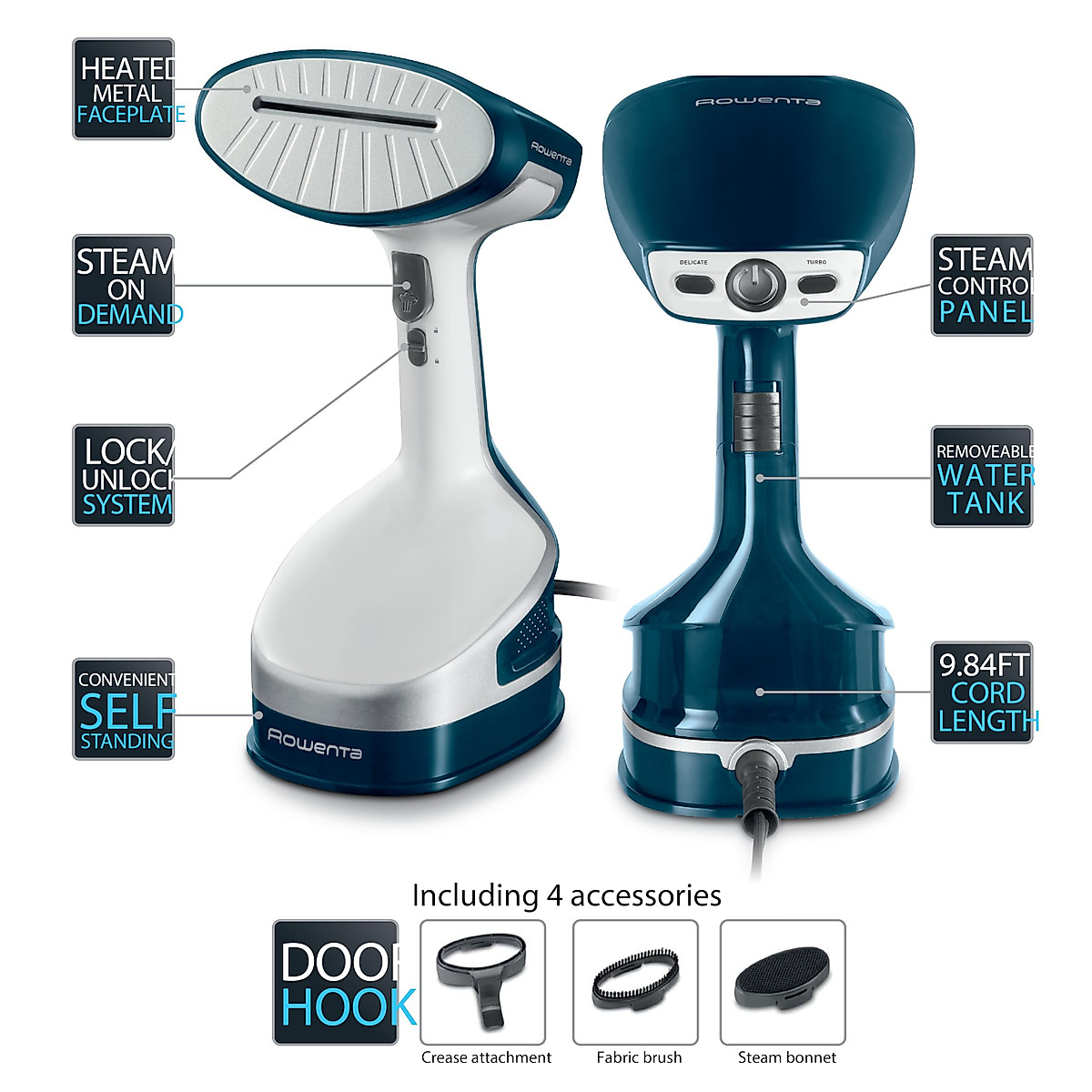 Rowenta DR8120 X-Cel Powerful Handheld Garment and Fabric Steamer Stainless Steel Heated Soleplate with 2 Steam Options, 1600-Watts, White/Blue