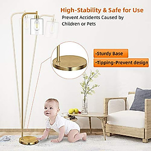 Industrial Floor Lamp with Hanging Glass Shade Brass Gold Farmhouse Indoor Pole Light with Edison E26 Base Vintage Rustic Standing Tall Lighting for Living Room Bedroom Office( ST64 Bulb Included)