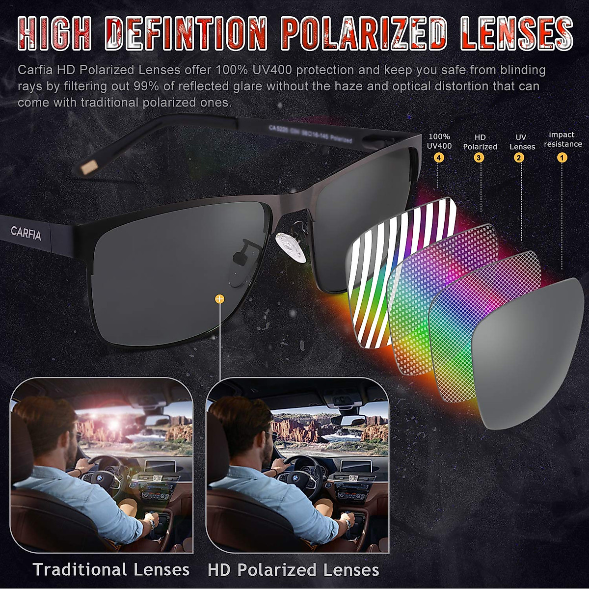 CARFIA Metal Mens Sunglasses Polarized UV400 Protection for Driving Fishing Hiking Golf Everyday Use