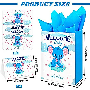 13" Large Baby Shower Birthday Gift Bags for Boy with Tissue Papers and Card(Elephant)