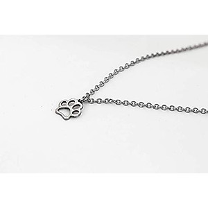 Silver paw necklace, dog paw outline pendant, silver tone stainless steel chain necklace, gift for her, animal cat jewelry, Layering necklace, pet lover, waterproof