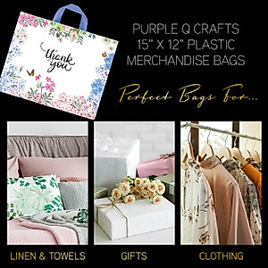 Purple Q Crafts Thank You Bags for Business 50 Pack 15" W x 12" H Floral Plastic Shopping Bags With Soft Loop Handle Thank You Shopping Bags