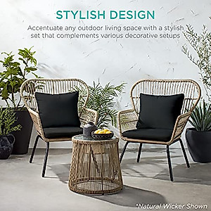 Best Choice Products 3-Piece Patio Conversation Bistro Set, Outdoor All-Weather Wicker Furniture for Porch, Backyard w/ 2 Wide Ergonomic Chairs, Cushions, Glass Top Side Table - Black